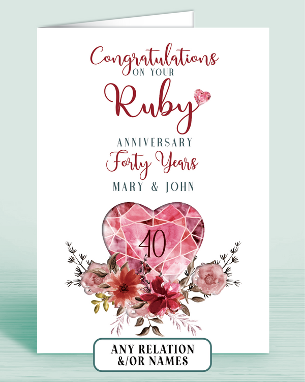 40th Ruby Wedding Anniversary Card, Floral Heart (8x6 inches) – Oliver ...