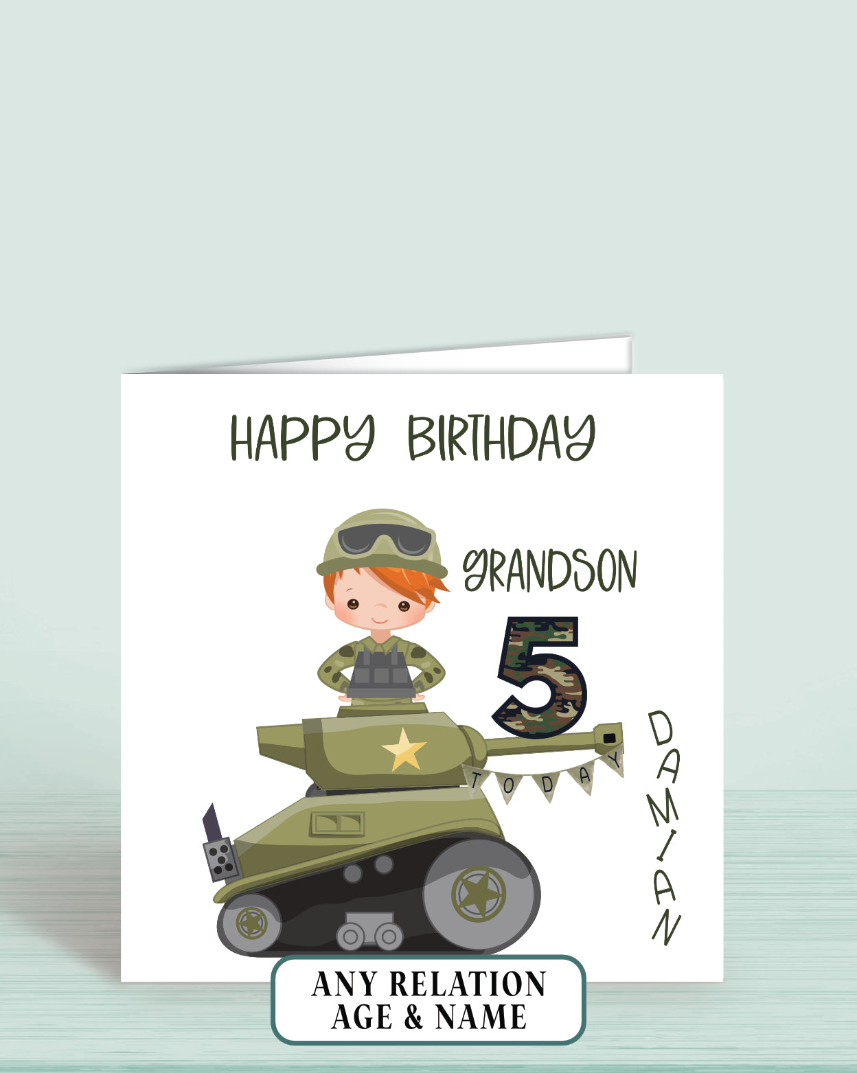 Boys Army Tank Birthday Card, Boy C, Red Hair (6x6 inches) – Oliver ...